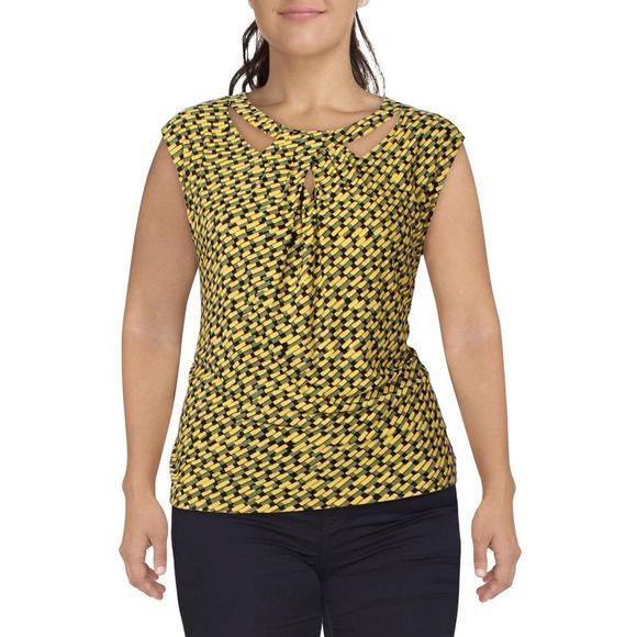 Kasper | Tops | Kasper Womens Yellow Printed Twist Neck Shirt Shell ...